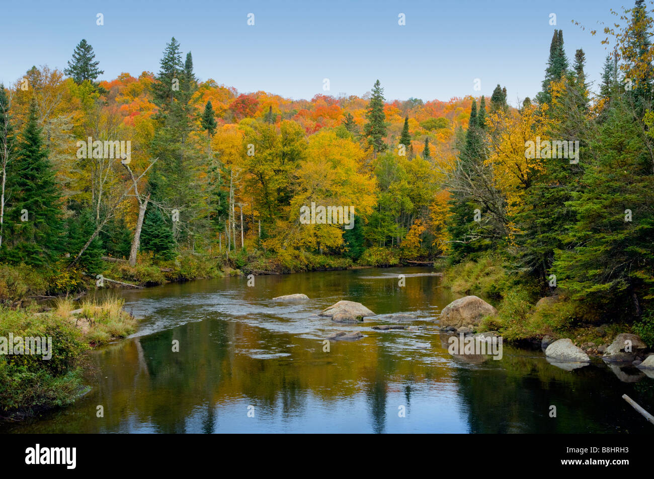A small stream in the Adirondack Mountains with fall foliage color in ...