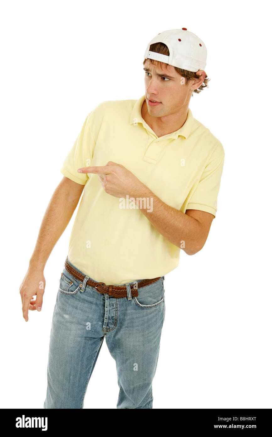 Young college age man pointing off camera in disgust or skepticism ...