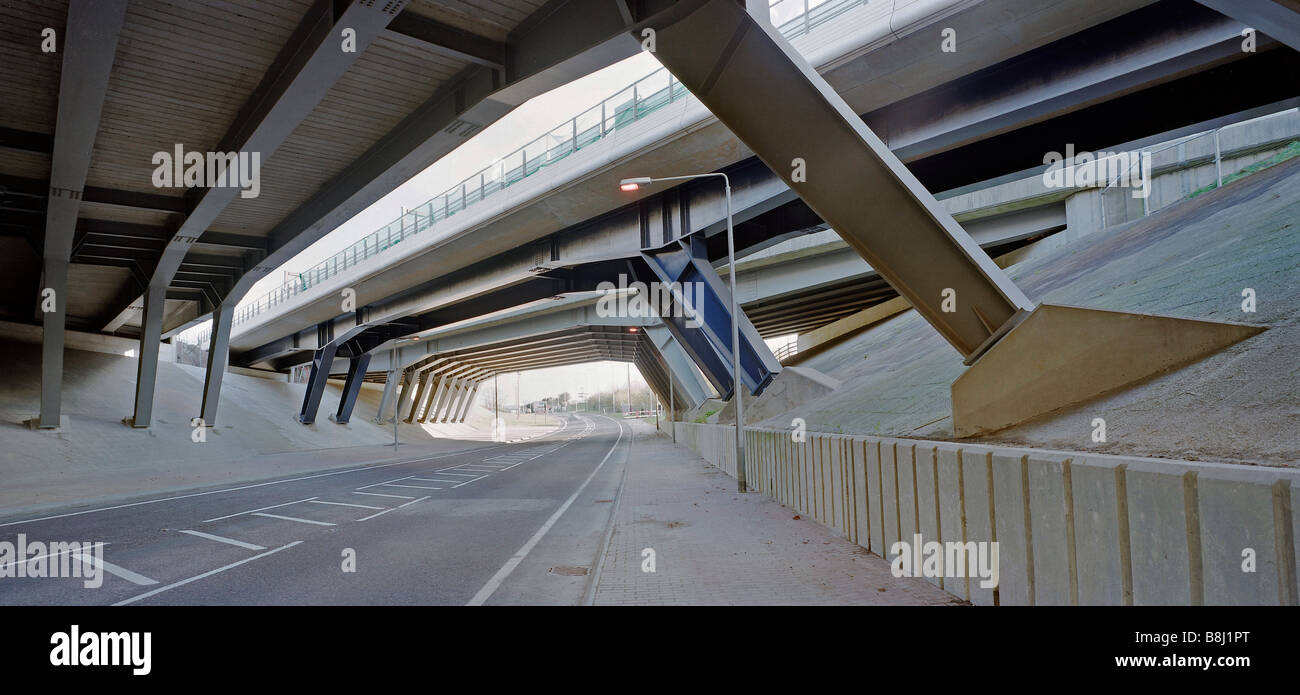 Three massive steel A20 bridges adjacent to the Eurotunnel UK Terminal ...