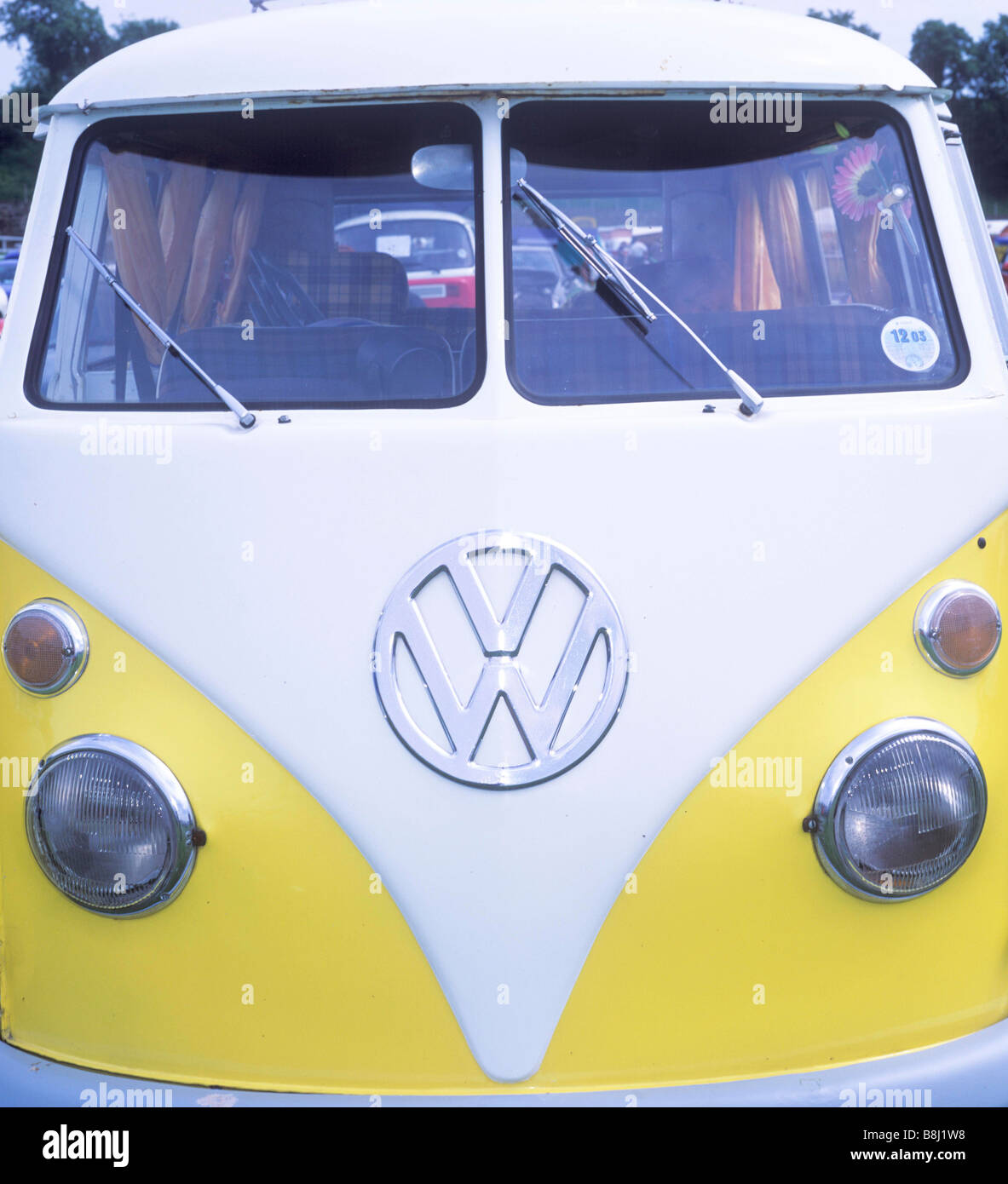 Close up of a yellow and white split screen VW camper van Stock Photo ...