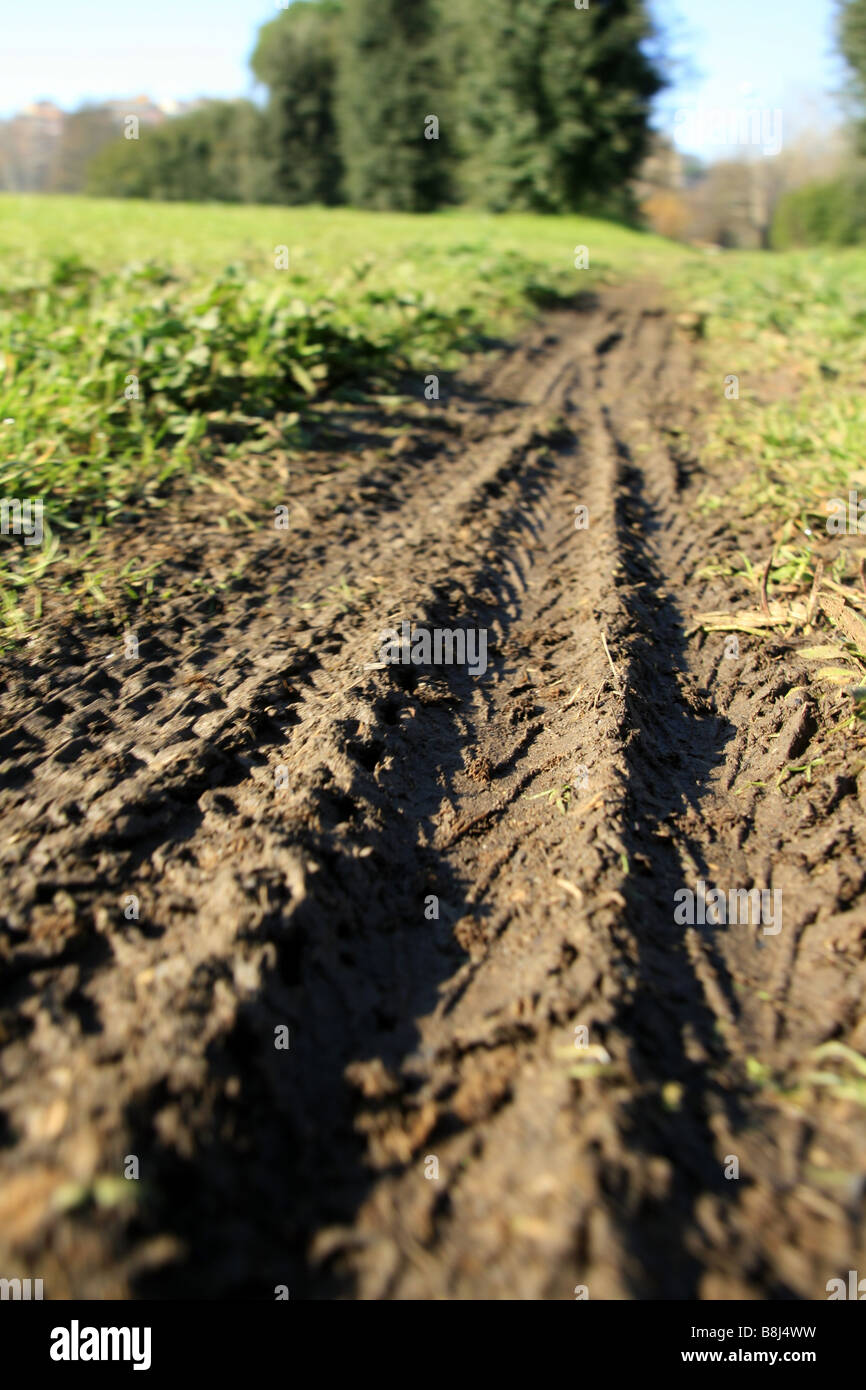 many bike tyre tracks crossing in mud in field in countryside Stock ...