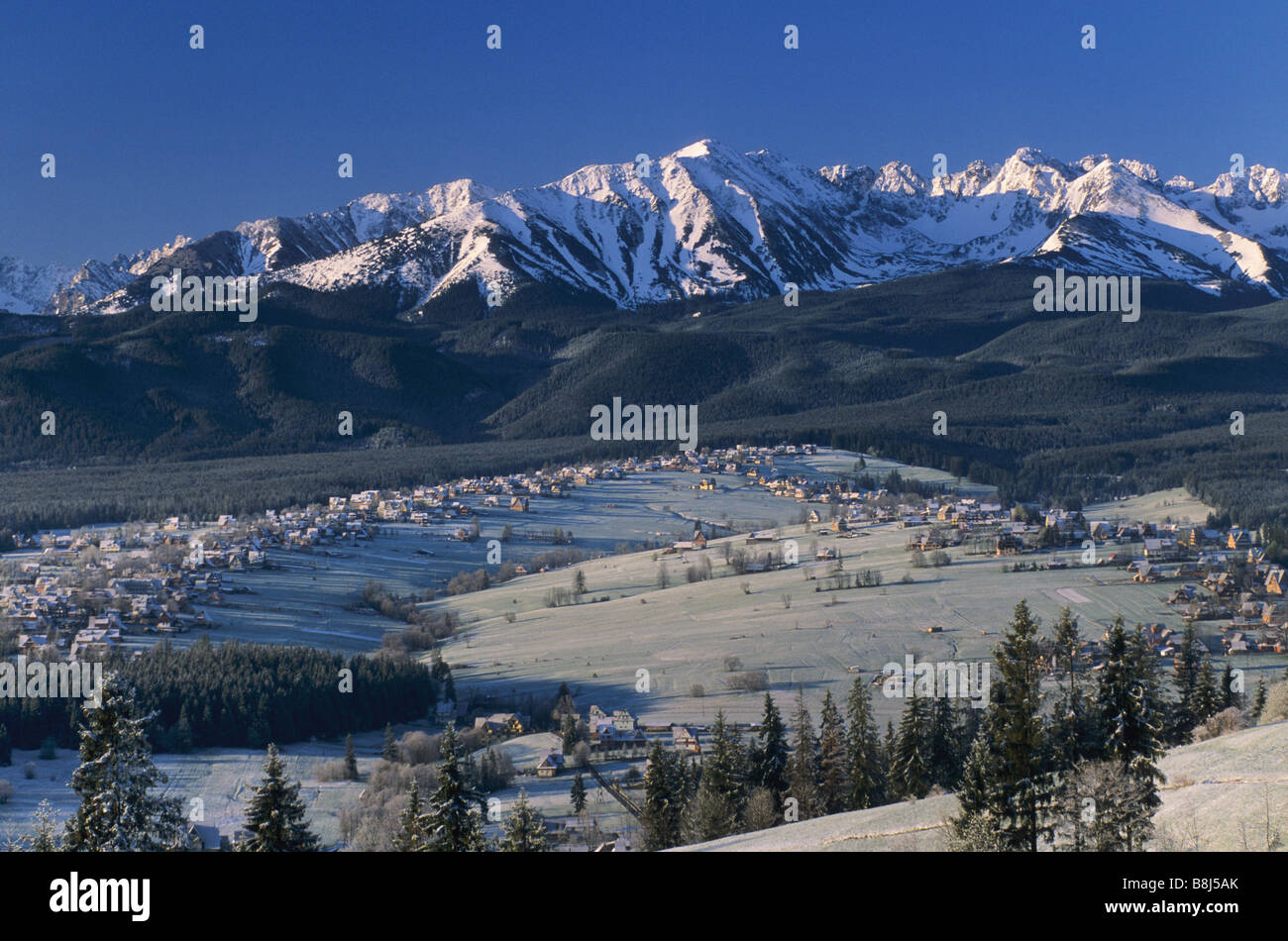 Tatra Mountains with late spring snow seen from Bukowina Tatrzanska in ...