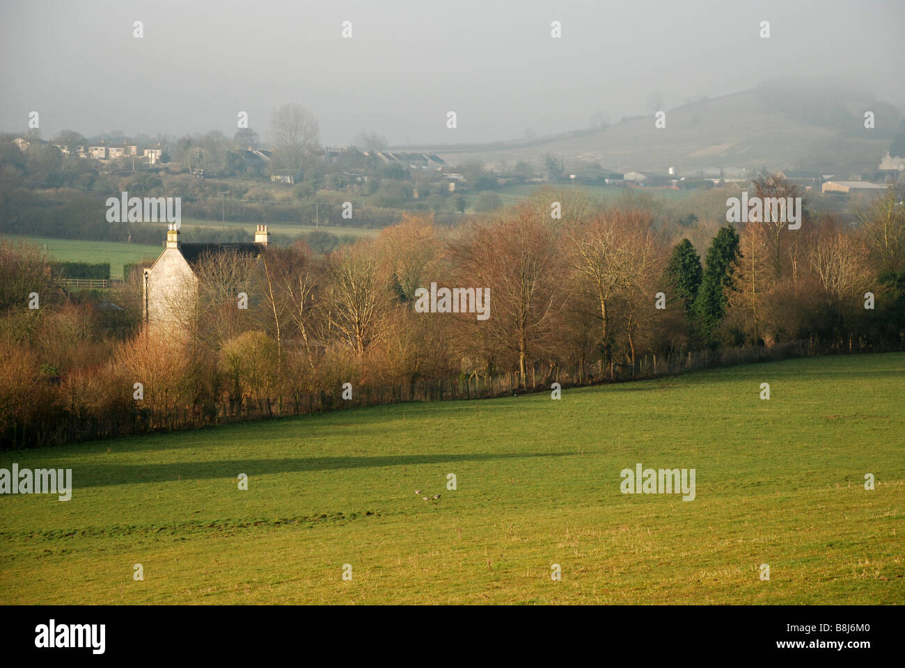 Morning light on field and house among trees in Farmborough, England ...