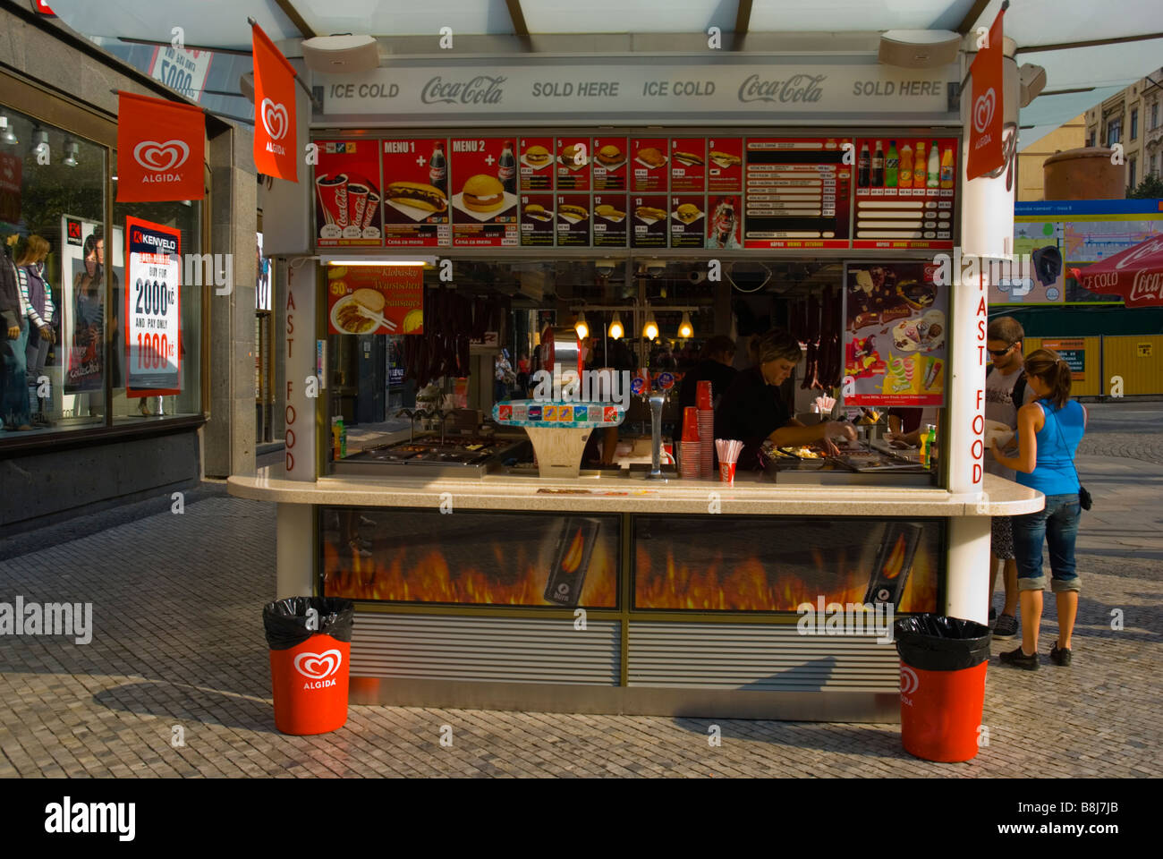 Fast food kiosk sausage stand along Vaclavske namesti square in central ...