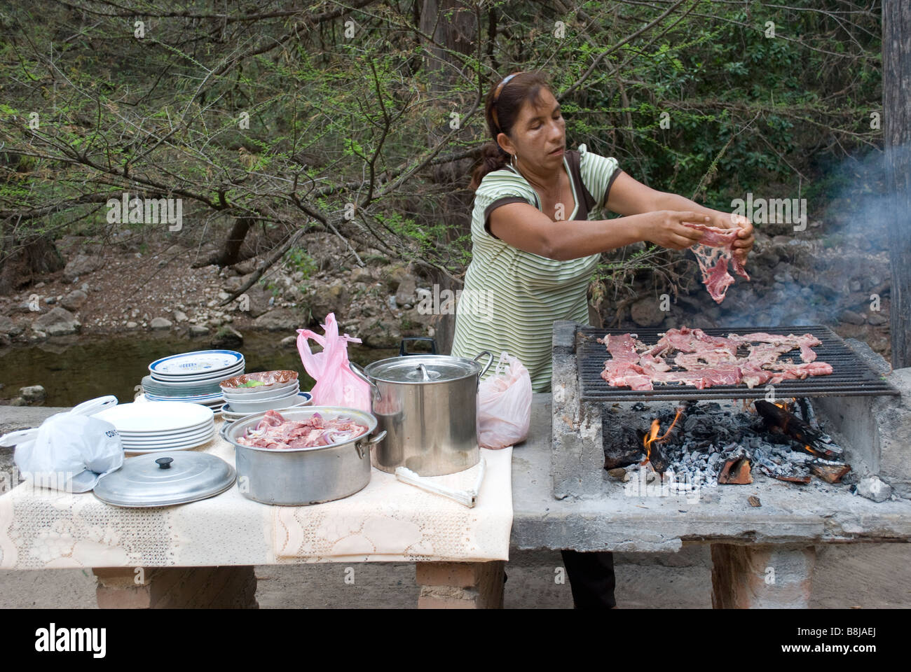 A Mexican woman barbecuing beef for fajitas at a barbecue near Cosala ...