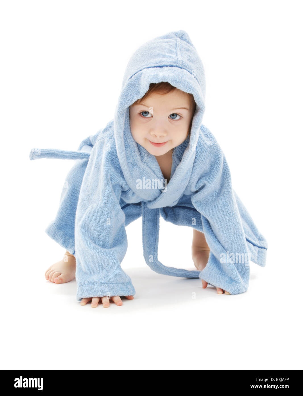 baby boy in blue robe over white Stock Photo - Alamy