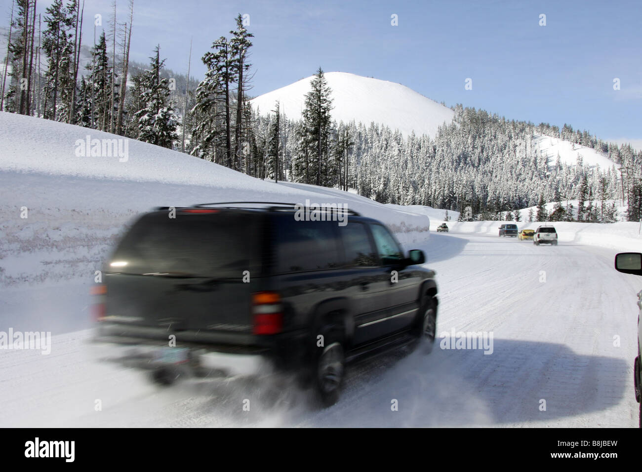 An icy ans snowy road to Mount Hood in Oregon in the United States ...