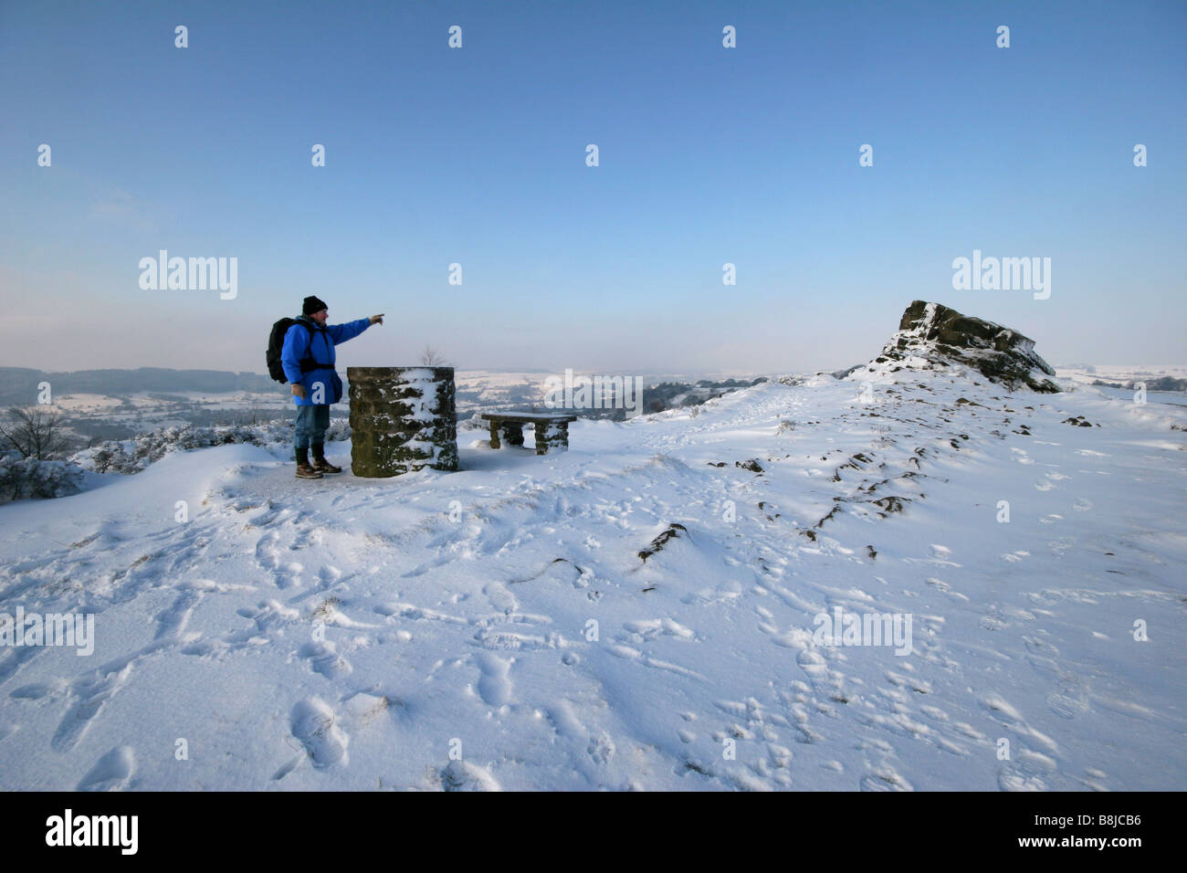 Walker in the snow pointing to Chesterfield from the Fabrick ...