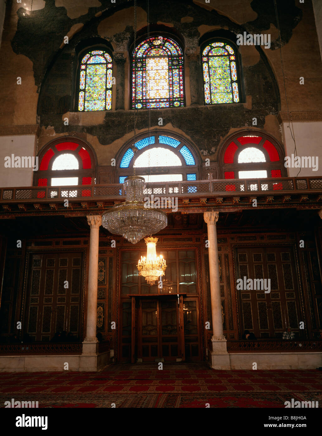 Omayyad mosque Interior View of decorated stained glass Colums Door ...