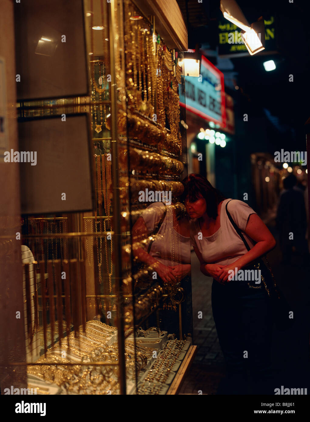 Night Souk Market Gold shop window Displays Woman looking in window ...