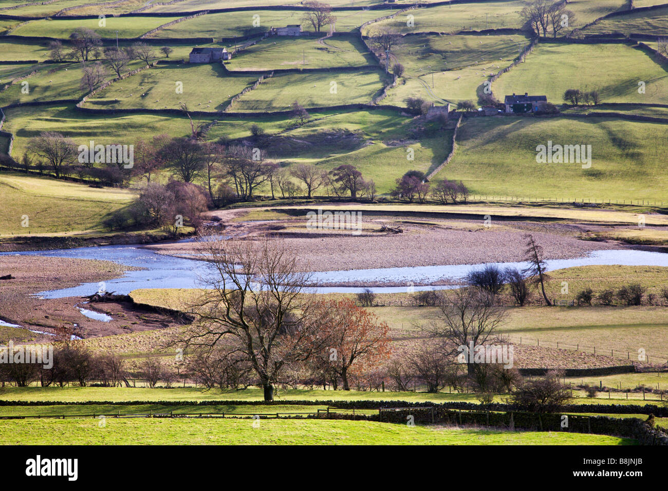 The Swale runs through patchwork fields Reeth Swaledale Yorkshire Dales ...
