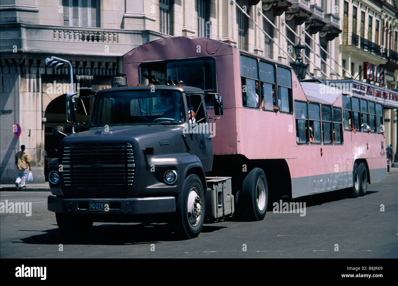 Camel mass transit bus Truck cab Driver Passengers HAVANA CUBA Stock ...