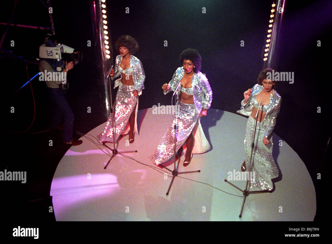 Female pop group The Three Degrees recording music video for The Runner ...