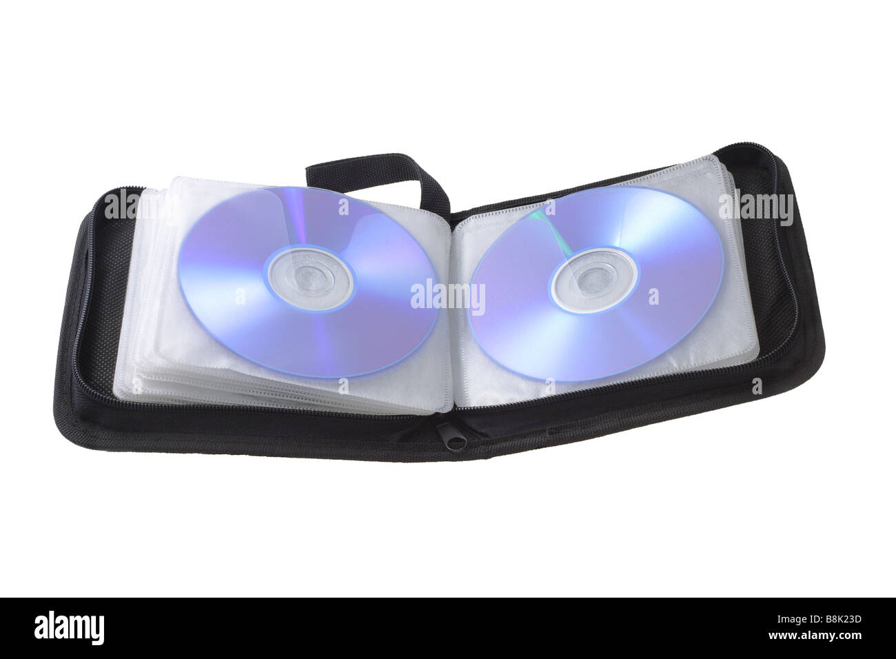 Open compact disk storage bag on white background Stock Photo - Alamy