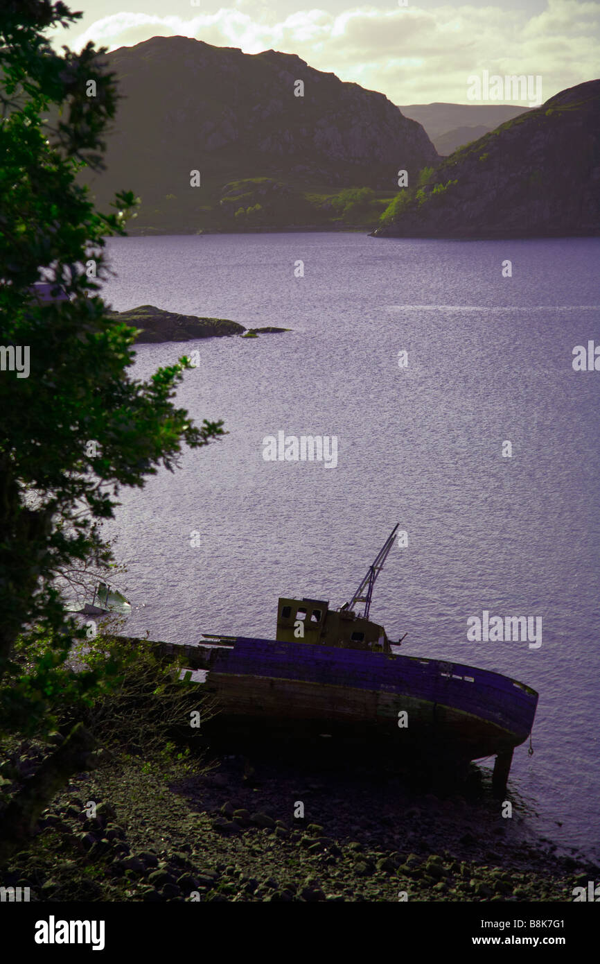 Wrecked fishing trawler on shores of Loch Diabaig. Lower Diabaig ...