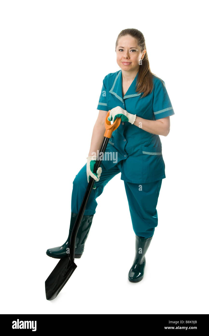 Woman with a spade isolated on white Stock Photo - Alamy