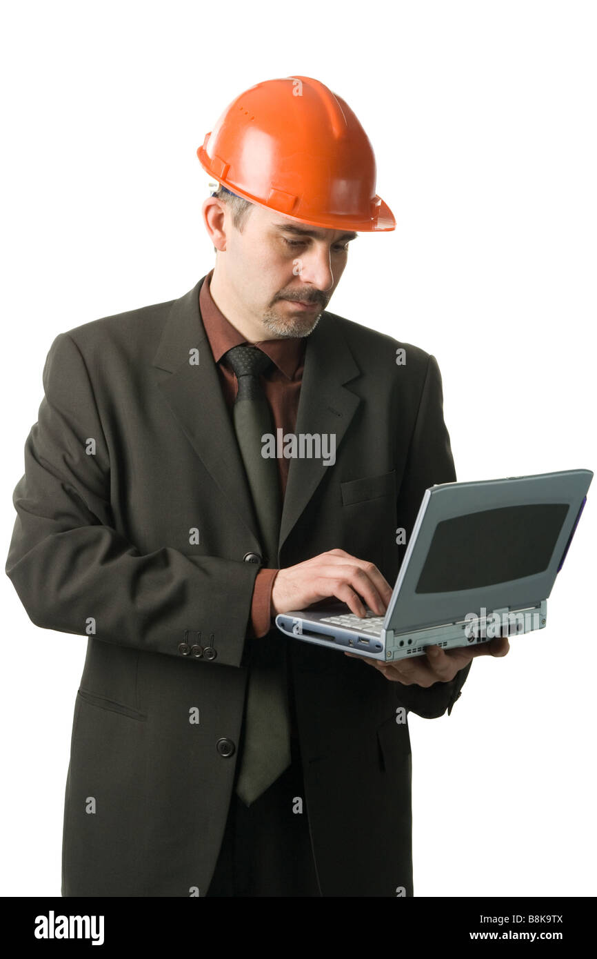 Engineer with a laptop isolated on white Stock Photo - Alamy