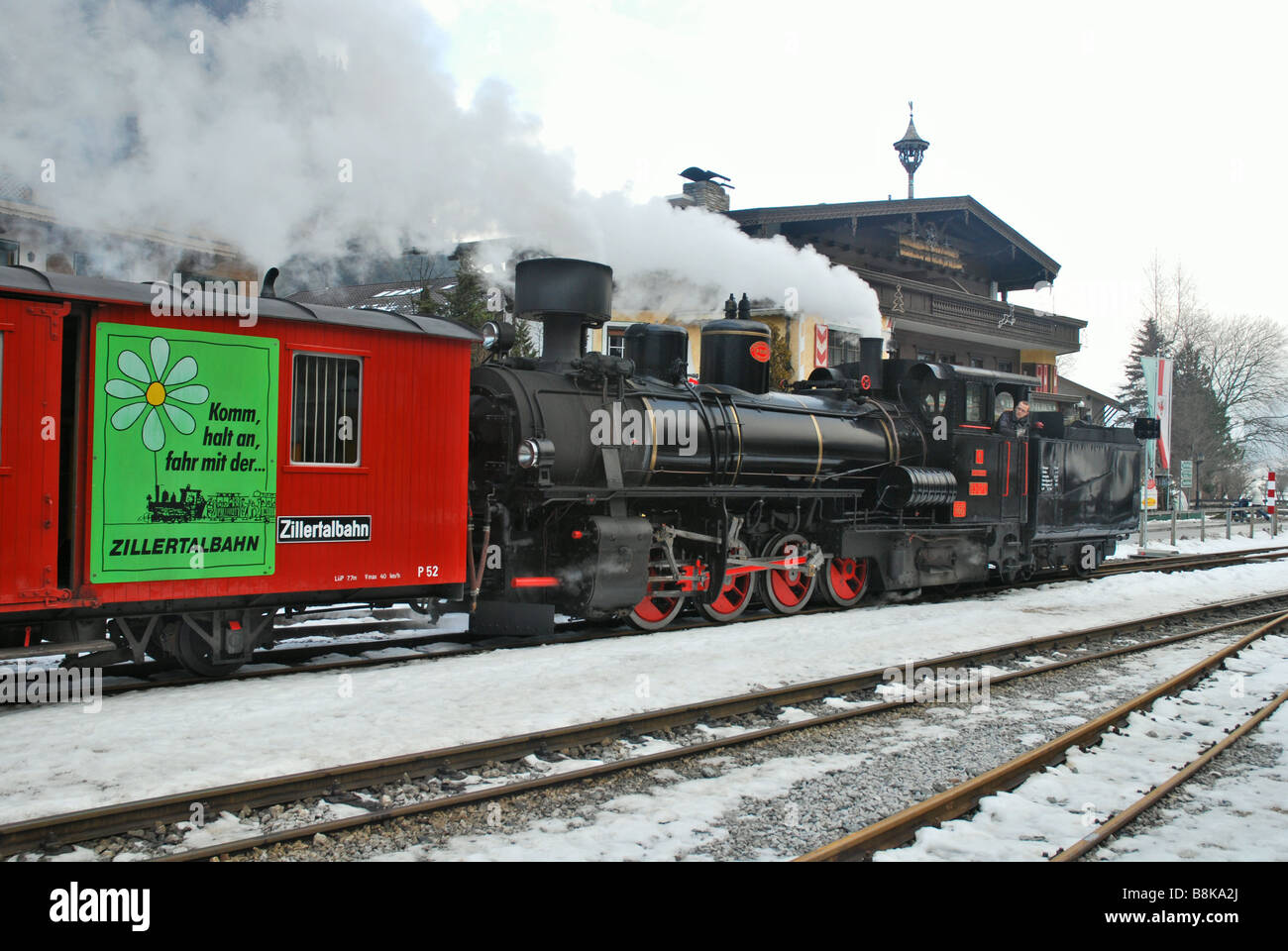 Zillertalbahn antique steam railway with locomotive engine in Mayrhofen ...