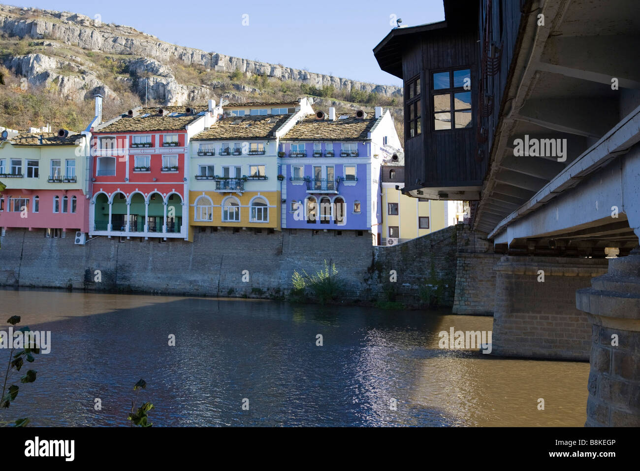 Lovech town, ancient architecture, covered wooden bridge with colorful ...