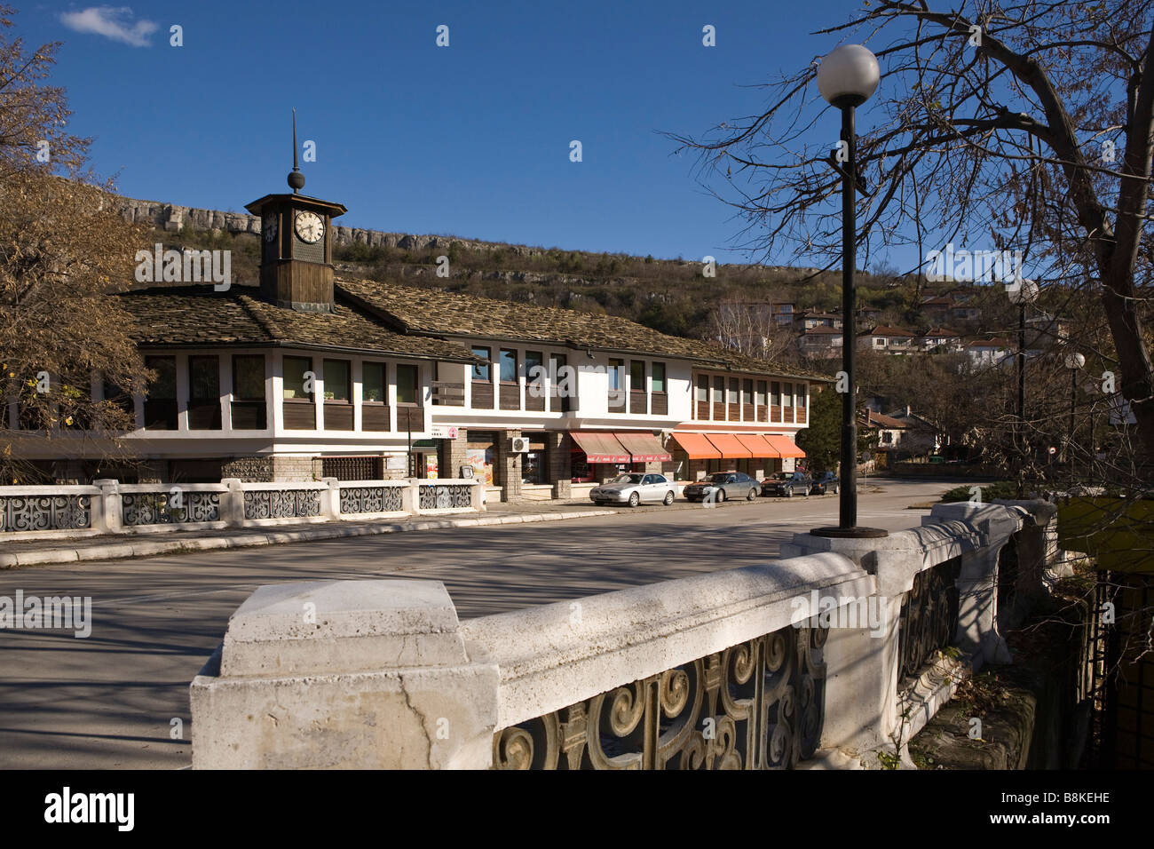 Lovech town, old wooden architecture, bridge across the river Osam ...