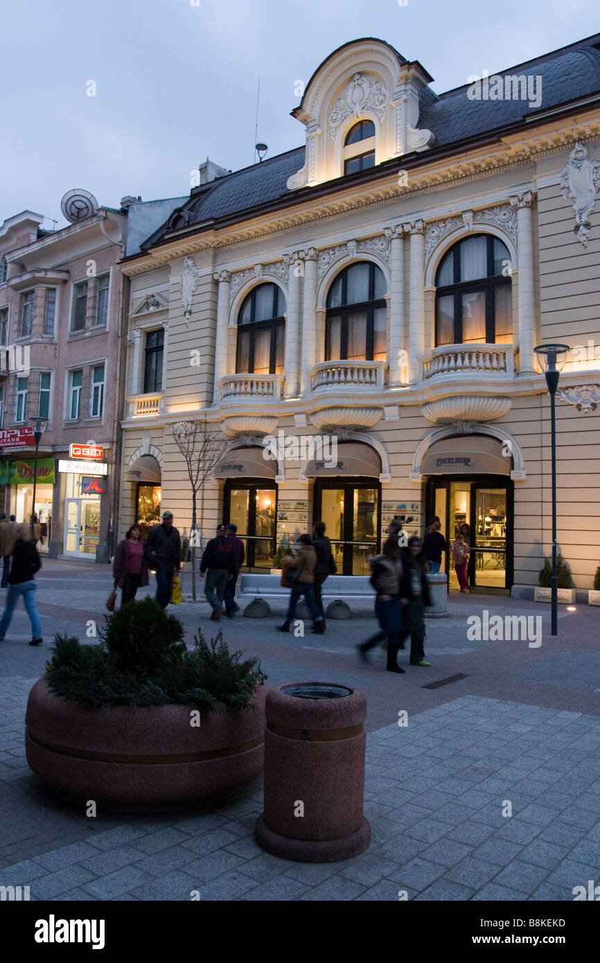 Plovdiv architecture (Philippopolis), center street and walkway; people ...