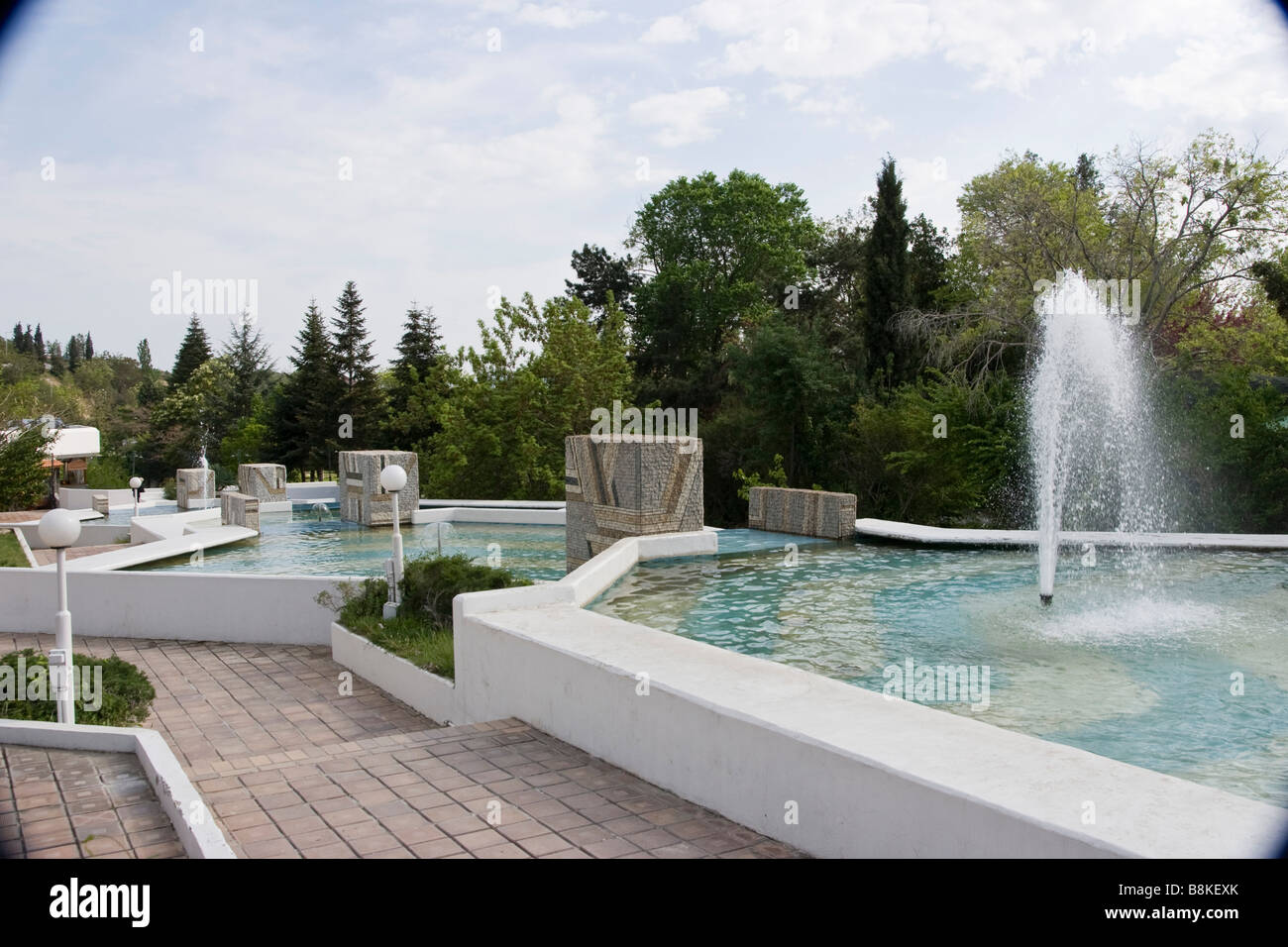 Sandanski town, park in springtime, cityscape and fountain, Balkans ...