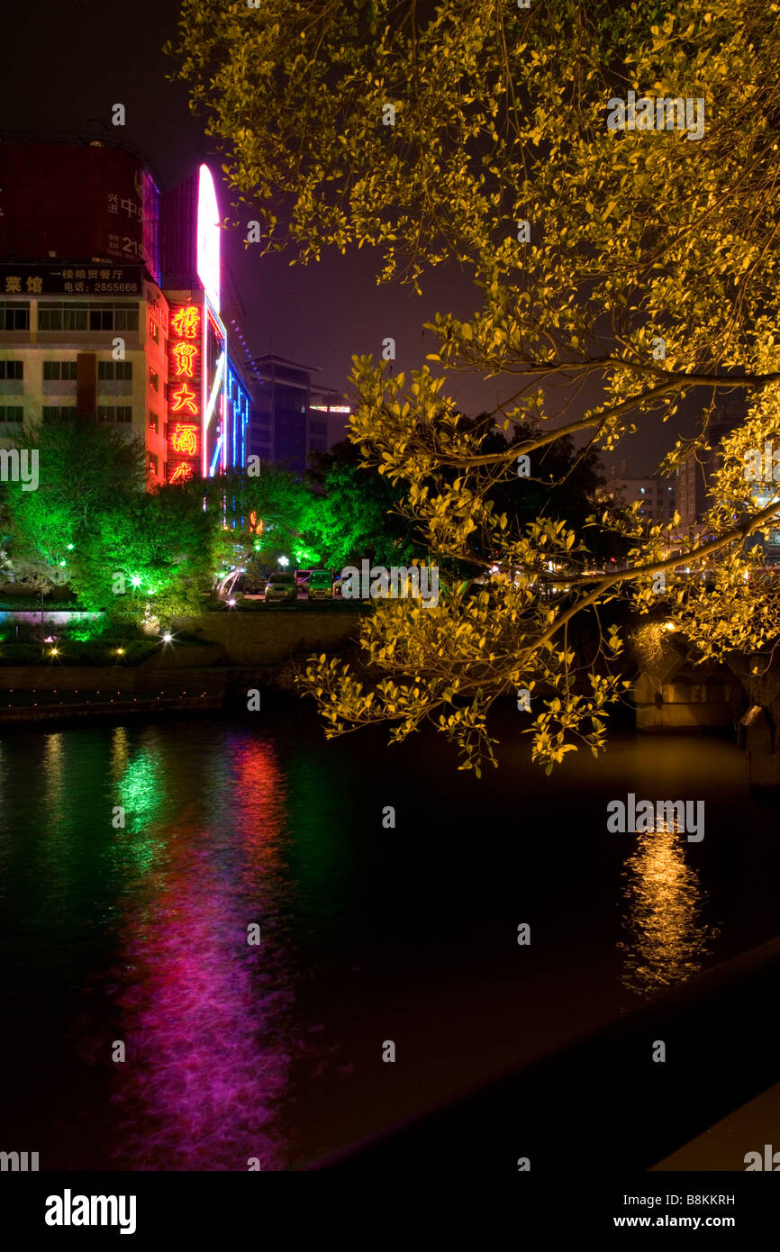 Color and Neon lights on buildings at Night, Li River, Guilin, China ...