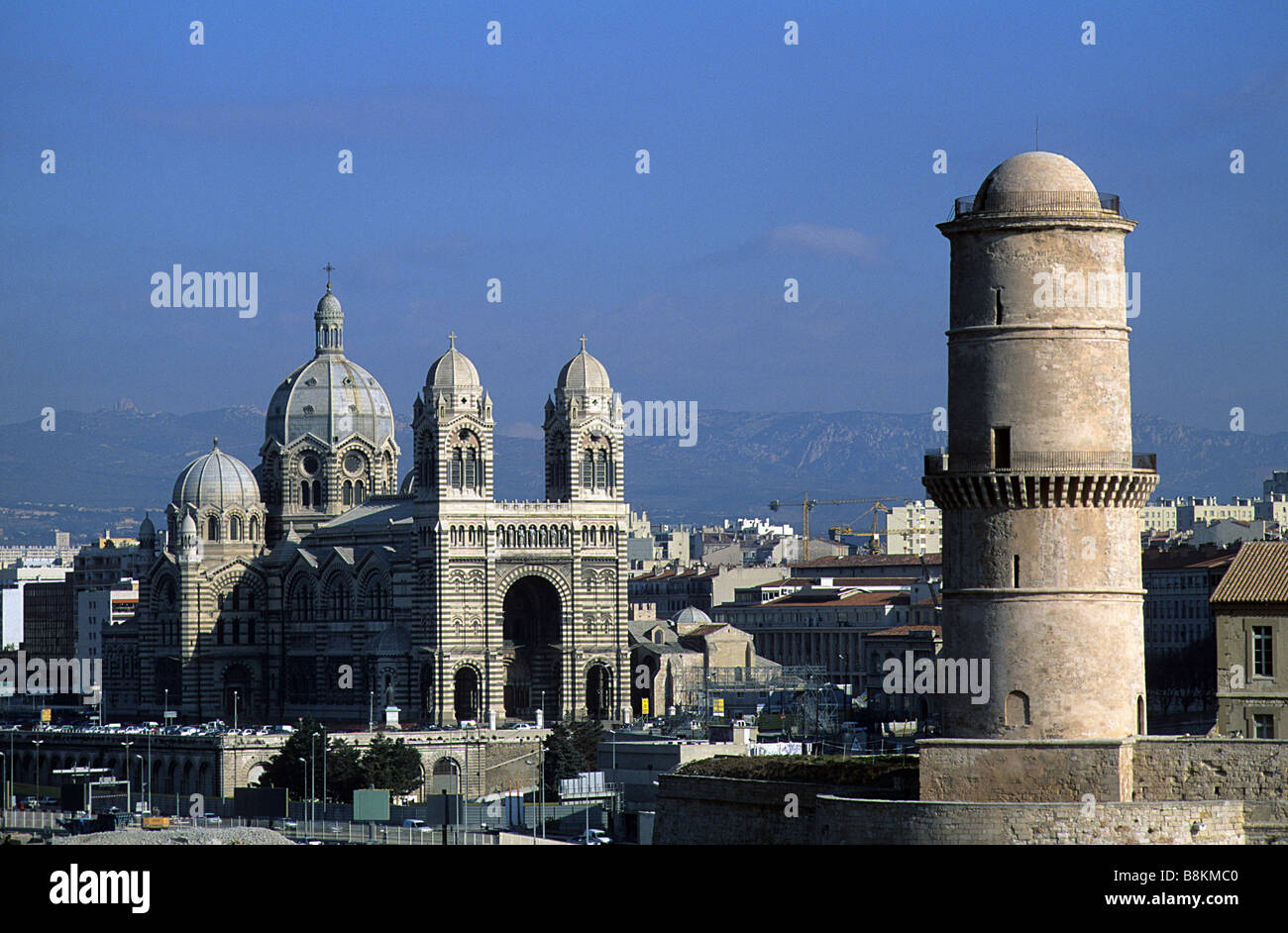 Marseille, The Cathedral, and the city and the round tower of the Fort ...