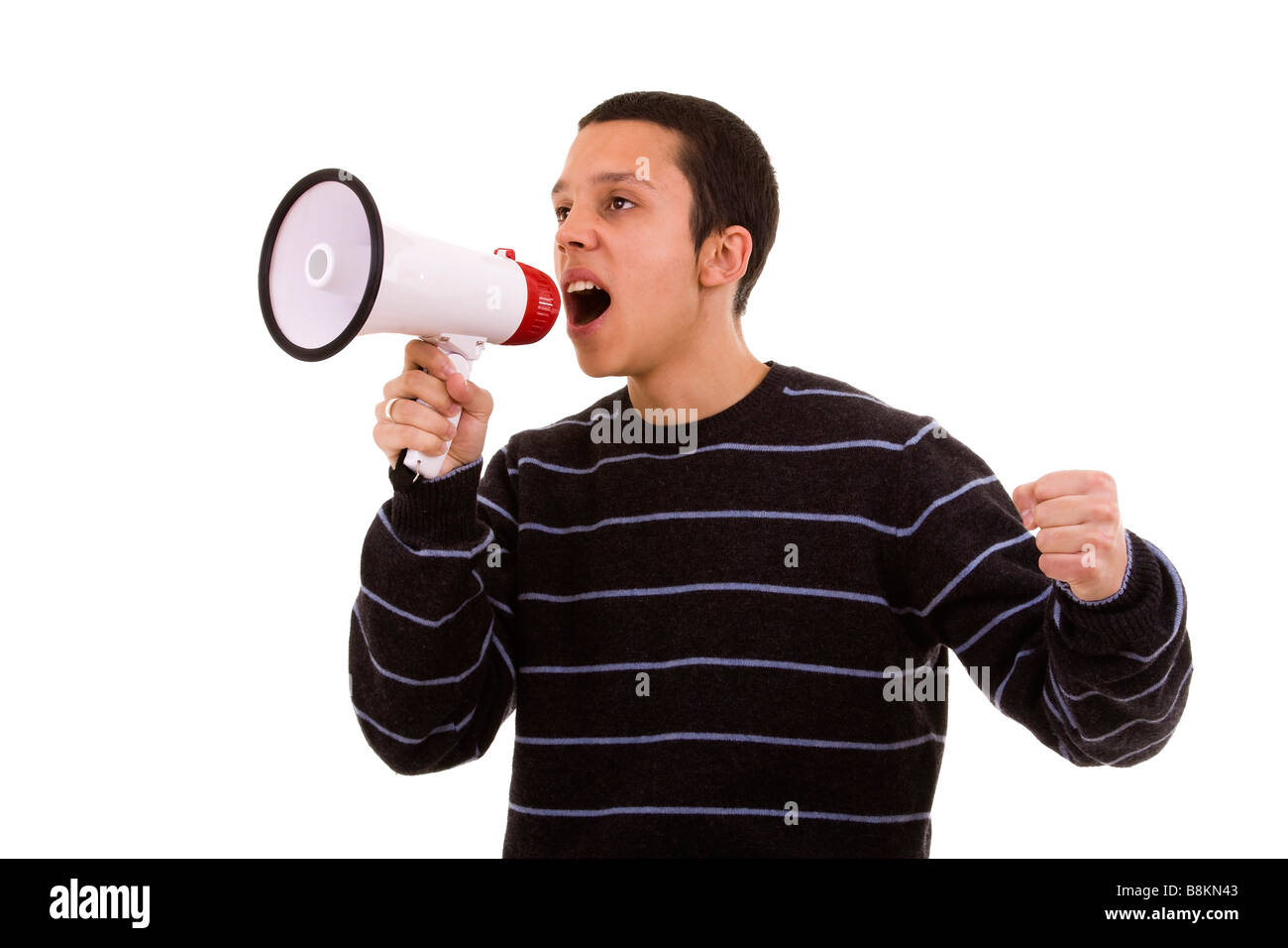 young men shouting at the megaphone selective focus Stock Photo - Alamy
