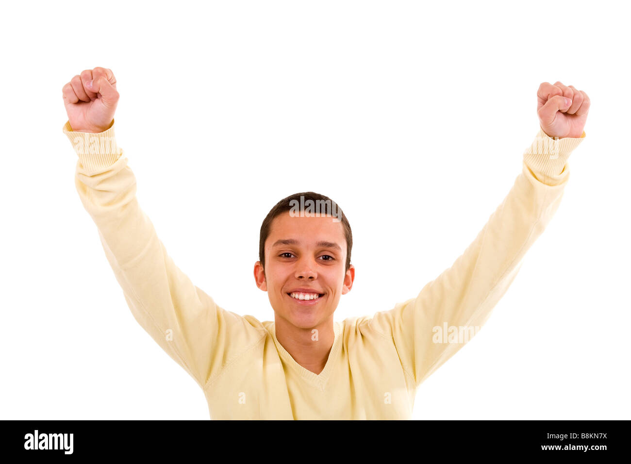 young man showing his success isolated on white Stock Photo - Alamy