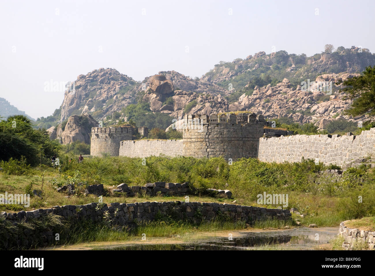 India Tamil Nadu Gingee Fort Rajagiri hilltop fort walls and moat Stock ...
