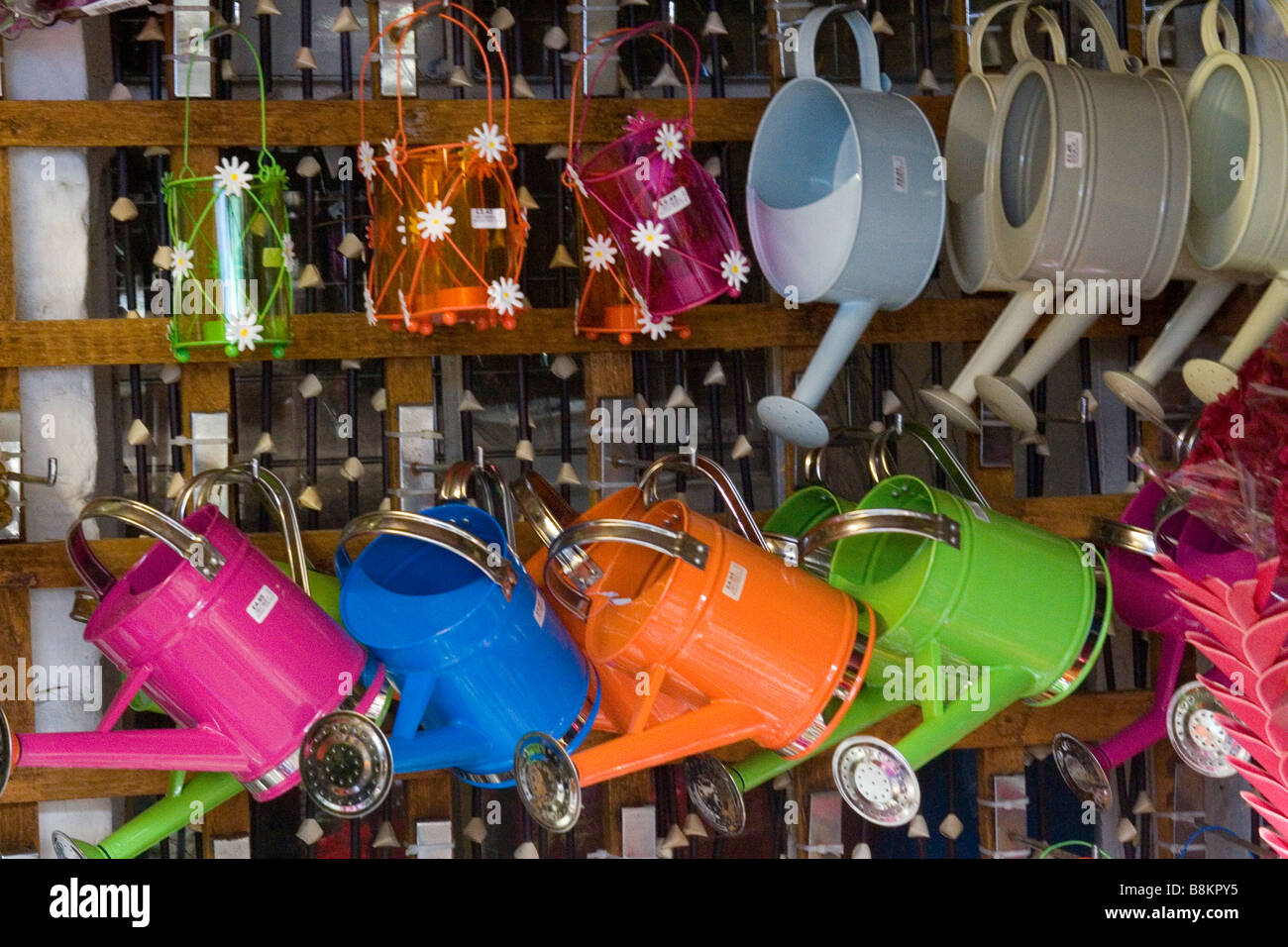 Brightly colored watering cans Stock Photo - Alamy