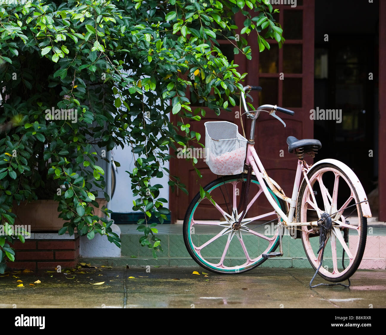 pink bicycle with basket Stock Photo - Alamy