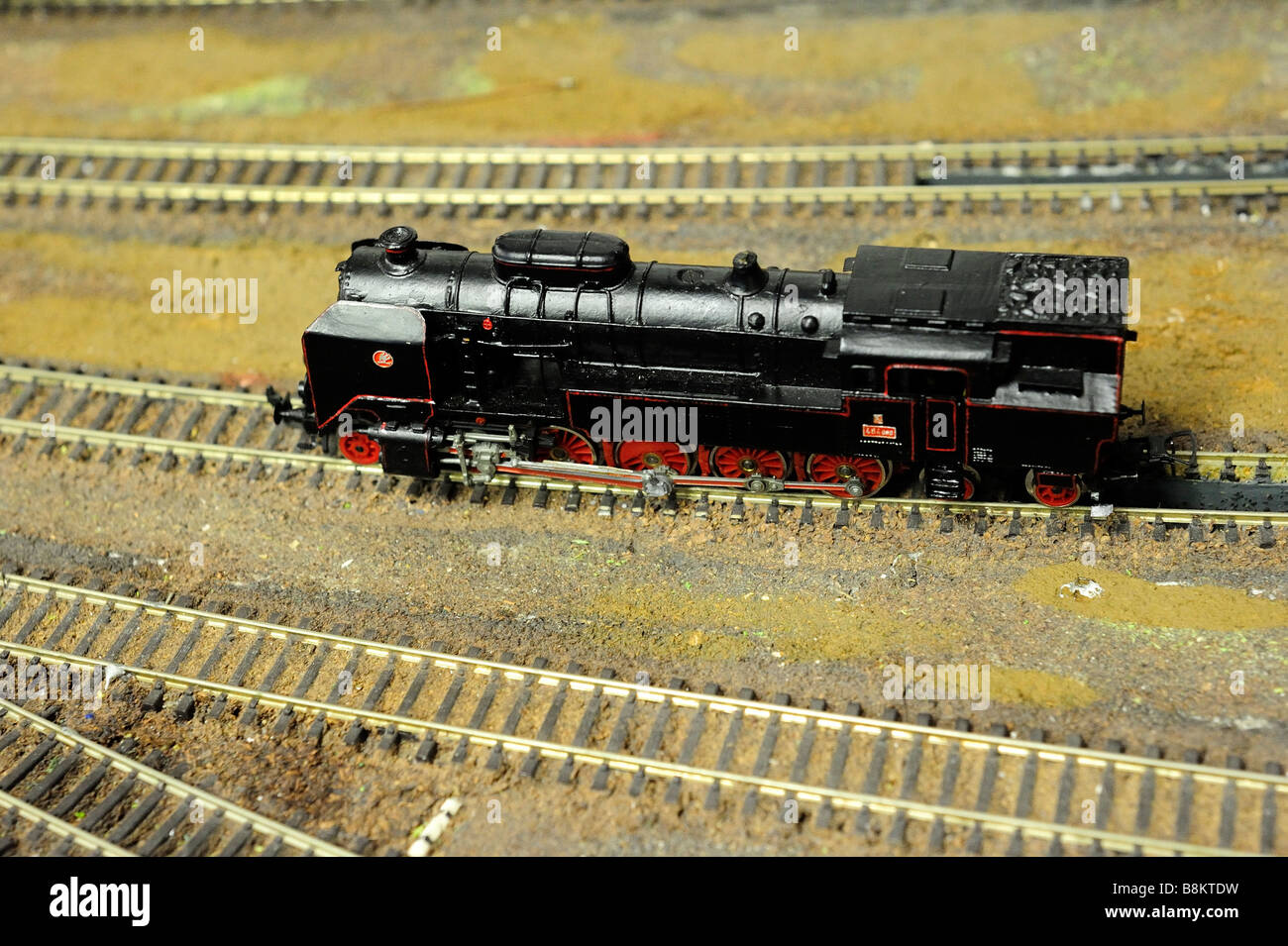 Detail of Model railway plant with Locomotive, wagon, tracks and ...