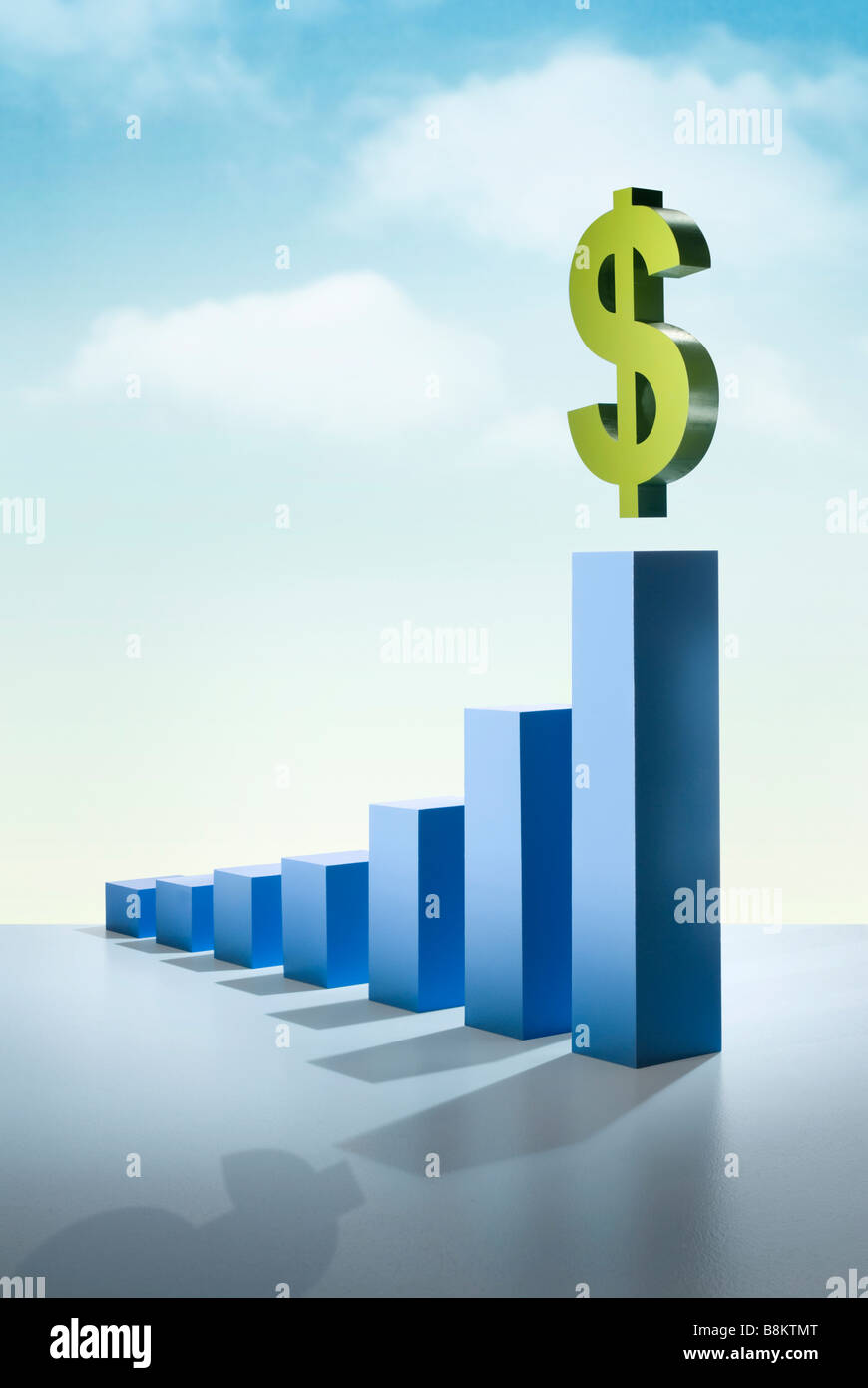 Hand crafted painted wood dollar sign and bar graph showing an upward ...