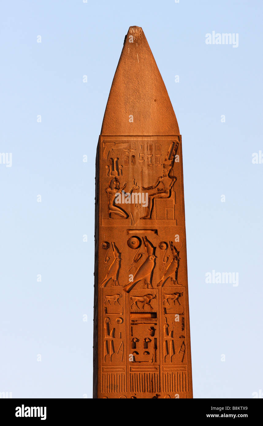 Obelisk of Ramses II, pyramidion tip and carved stone hieroglyphics ...