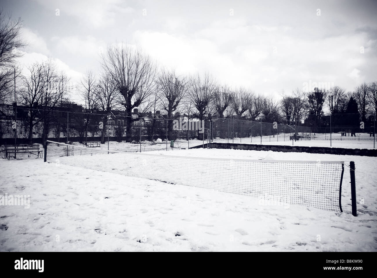 A snow covered tennis court pictured in Wimbledon Park, in south west ...