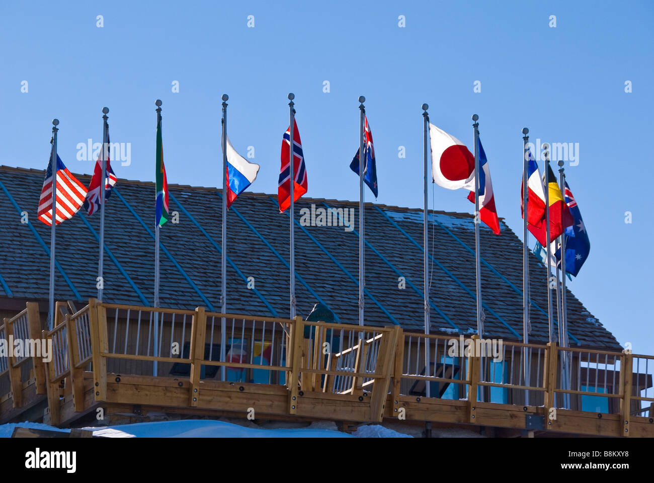 Flags of original Antarctic Treaty nations fly at the Chalet, McMurdo ...
