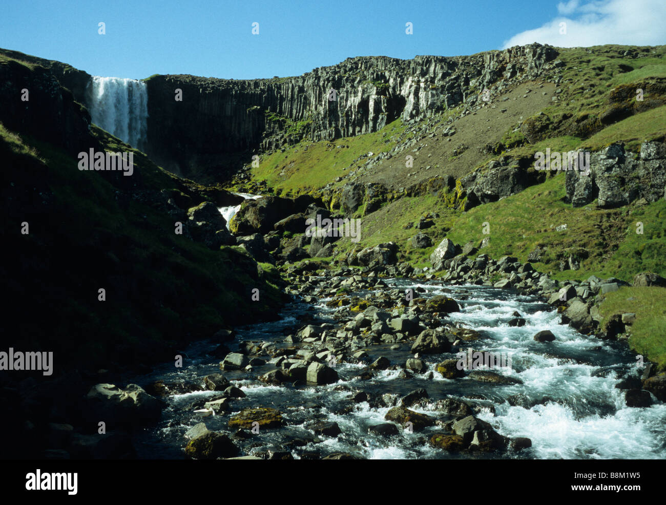 Waterfall below Snaefellsjökull near Olafsvik, Snaefellsness peninsular ...