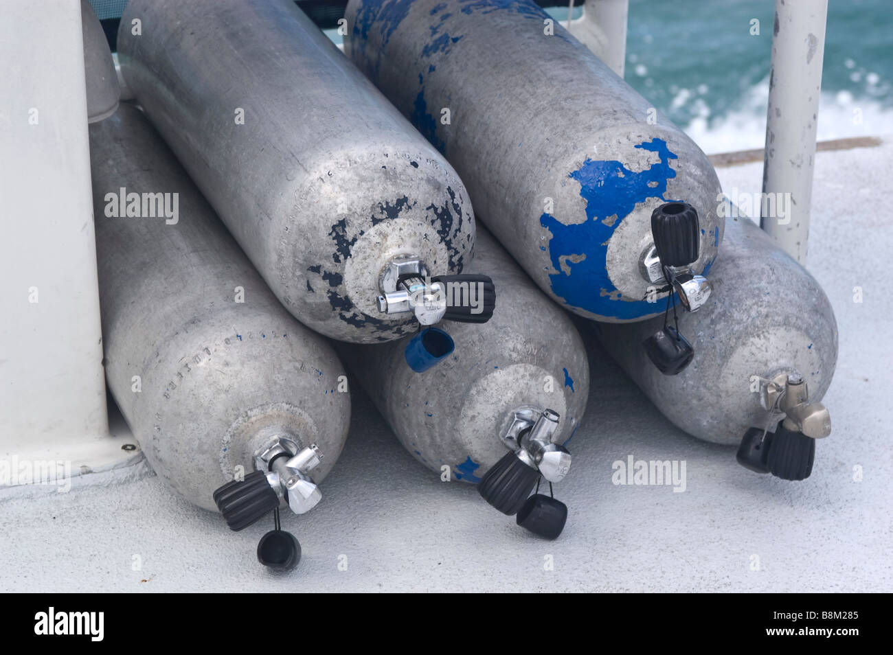 Diving cylinders on a diveboat Stock Photo - Alamy