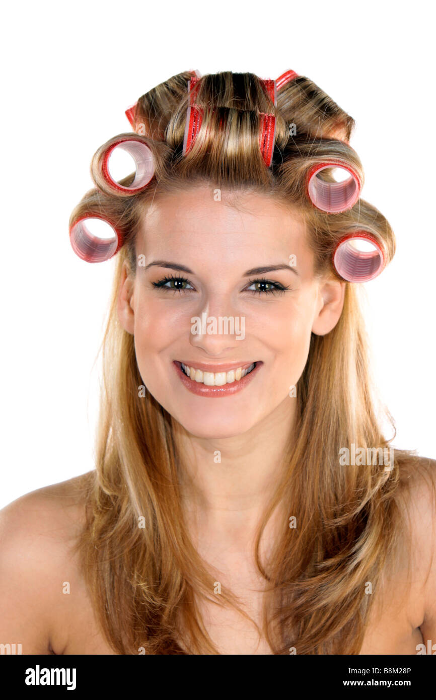 beautiful girl with hair curlers Stock Photo - Alamy