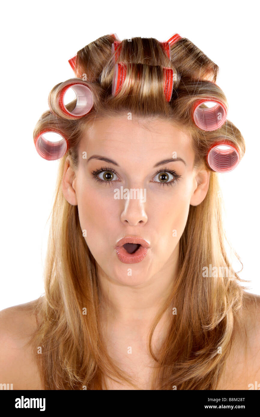beautiful girl with hair curlers Stock Photo - Alamy