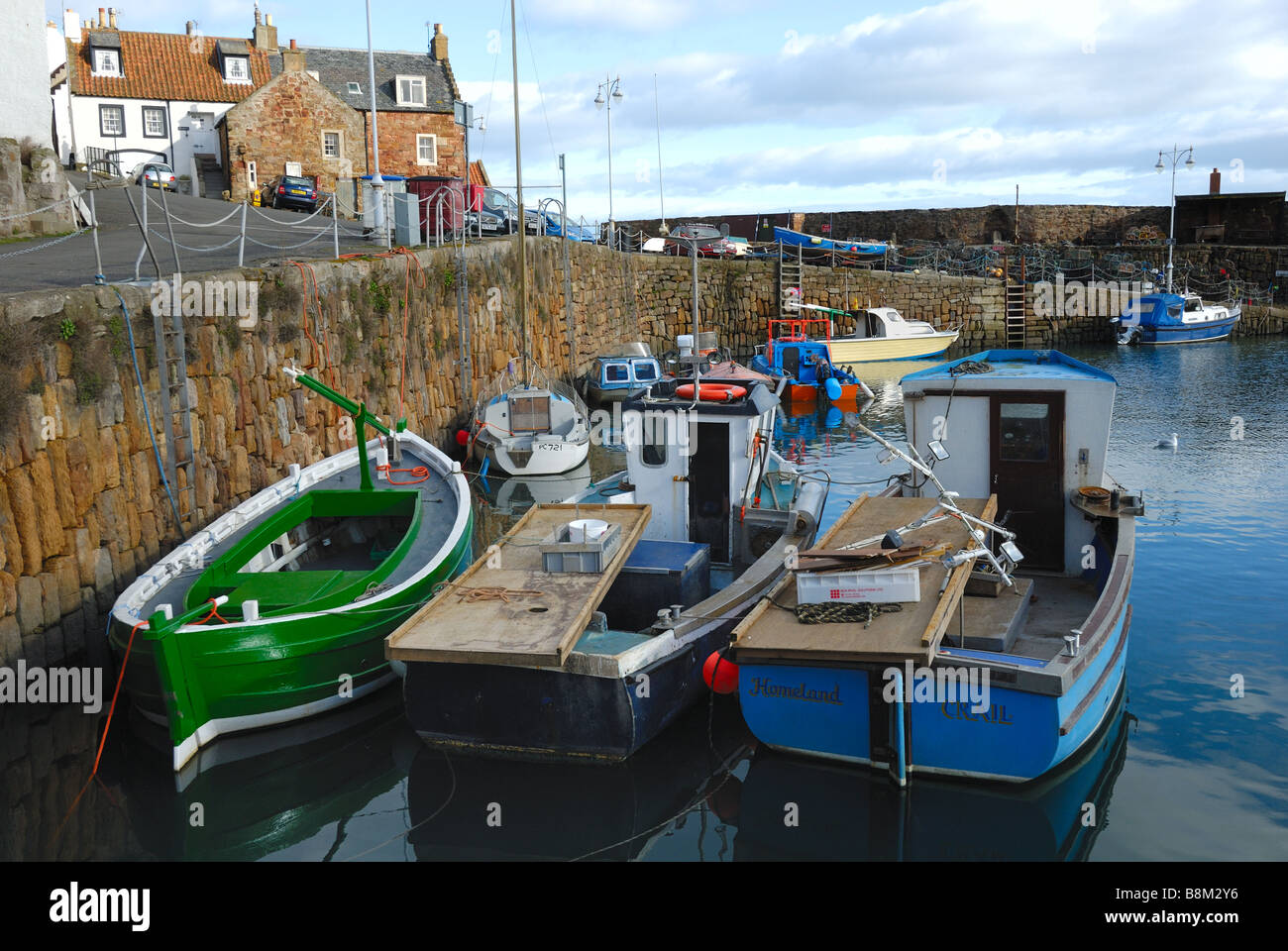 Shellfish boats in Crail harbour, East Neuk of Fife, Scotland Stock ...