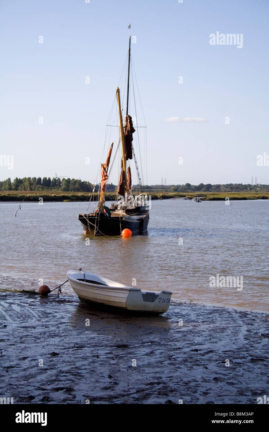 A Victorian spritsail sailing barge at anchor on the River Alde at Iken ...