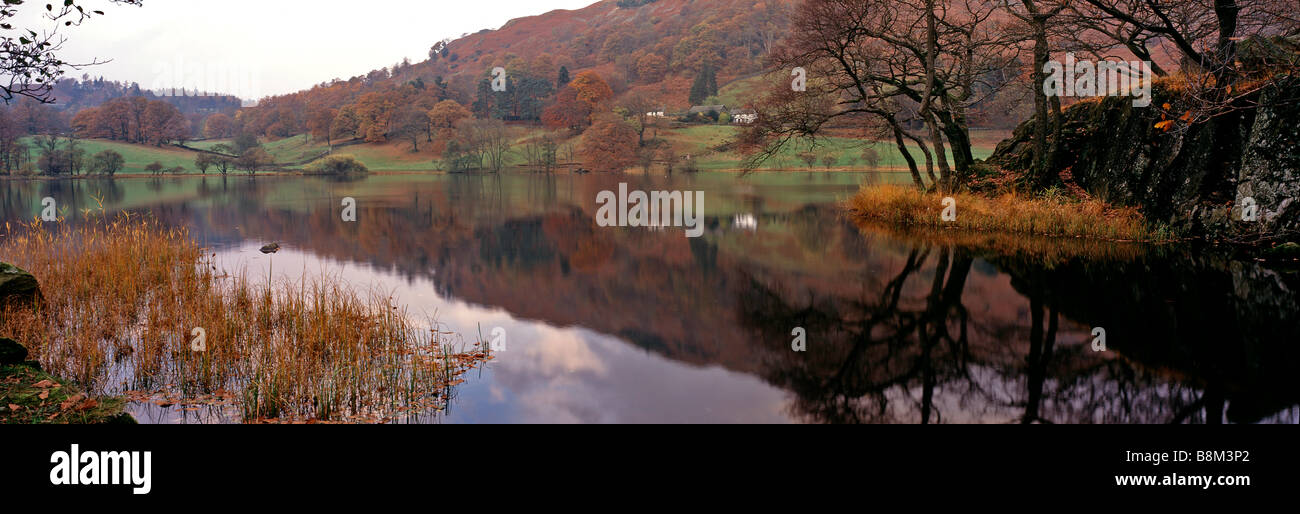 A panoramic view across Loughrigg Tarn to Loughrigg Fell in autumn ...