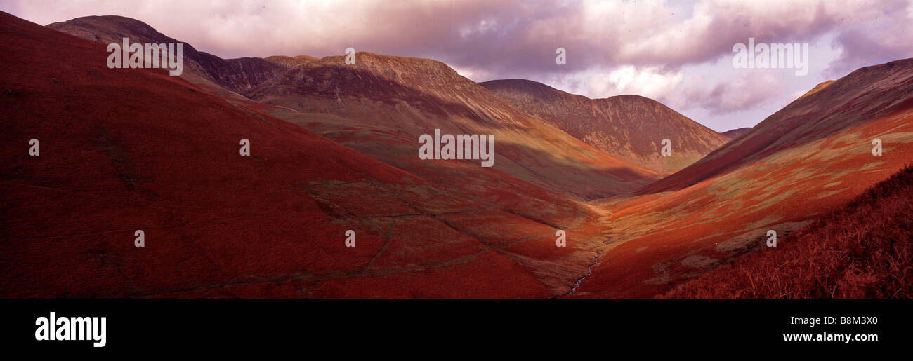 A panoramic view along Keskdale Beck to Craig Pike and Grisedale Pike ...