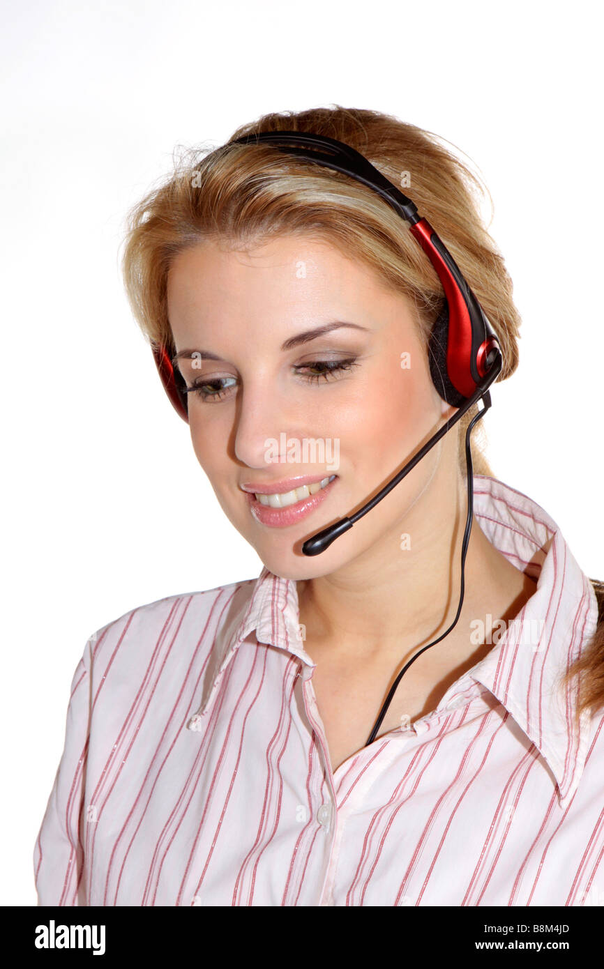 beautiful woman, call center operator with headset Stock Photo - Alamy