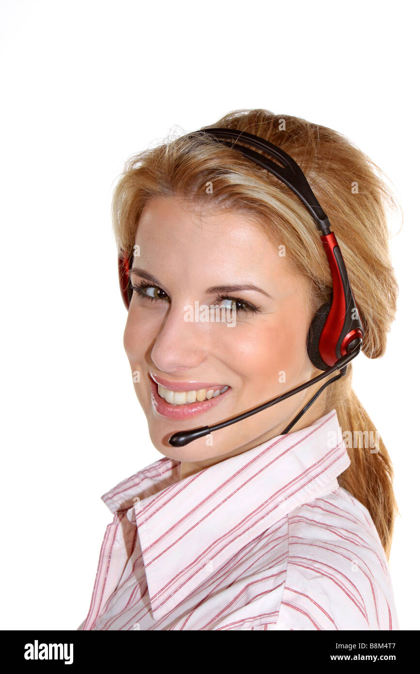 beautiful woman, call center operator with headset Stock Photo - Alamy