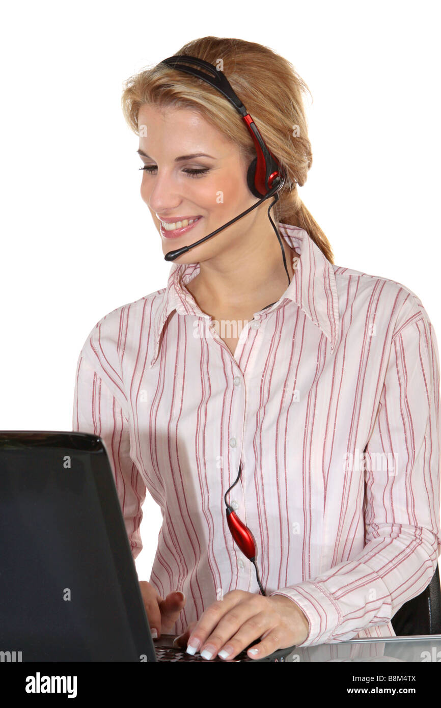 Call center woman laptop Cut Out Stock Images & Pictures - Alamy
