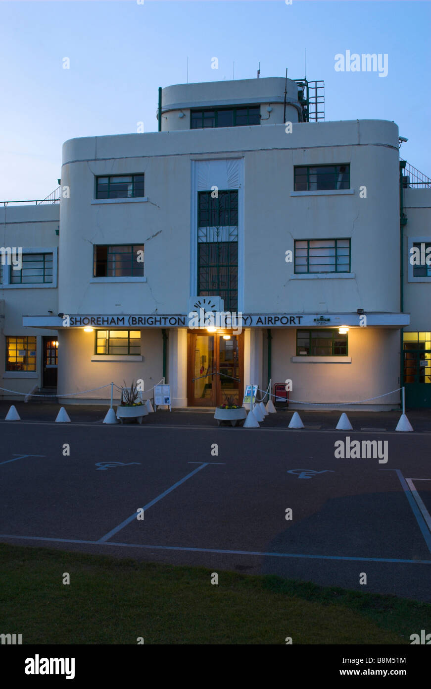 The main terminal building of Shoreham (Brighton City) Airport as dusk ...